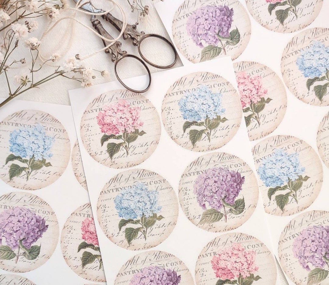Hydrangea Stickers Blue, Pink, Purple, 1.5 Inch Round Seals, Set of 10 ...