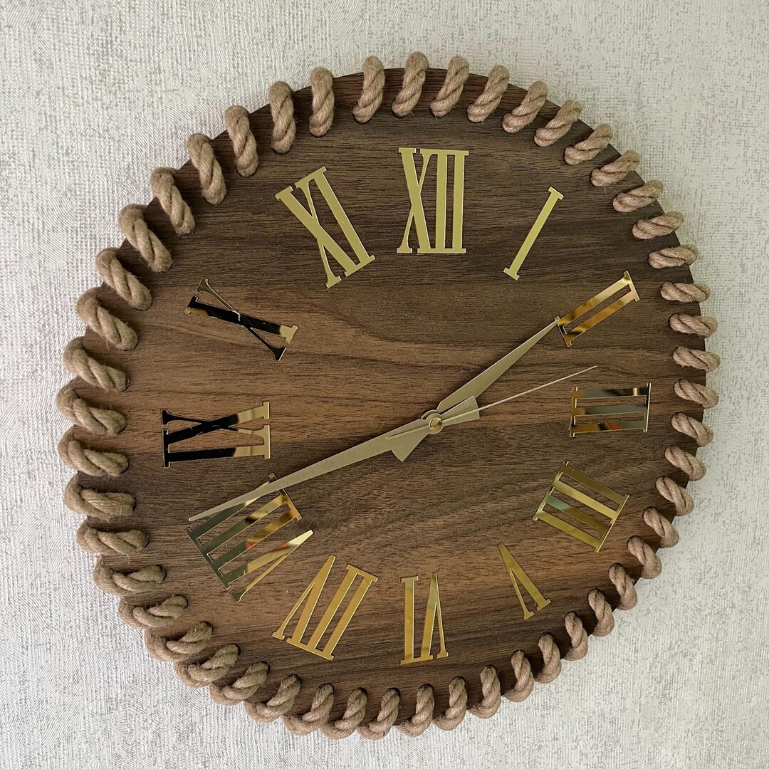 Scandinavian Rustic Rope Wall Clock, Wooden Design, Silent Quartz ...