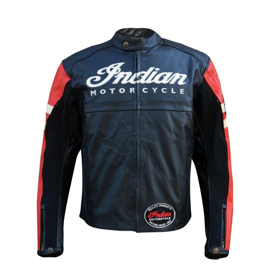 Handmade Men's Indian Motorcycle Leather Jacket – Black & Red Genuine ...