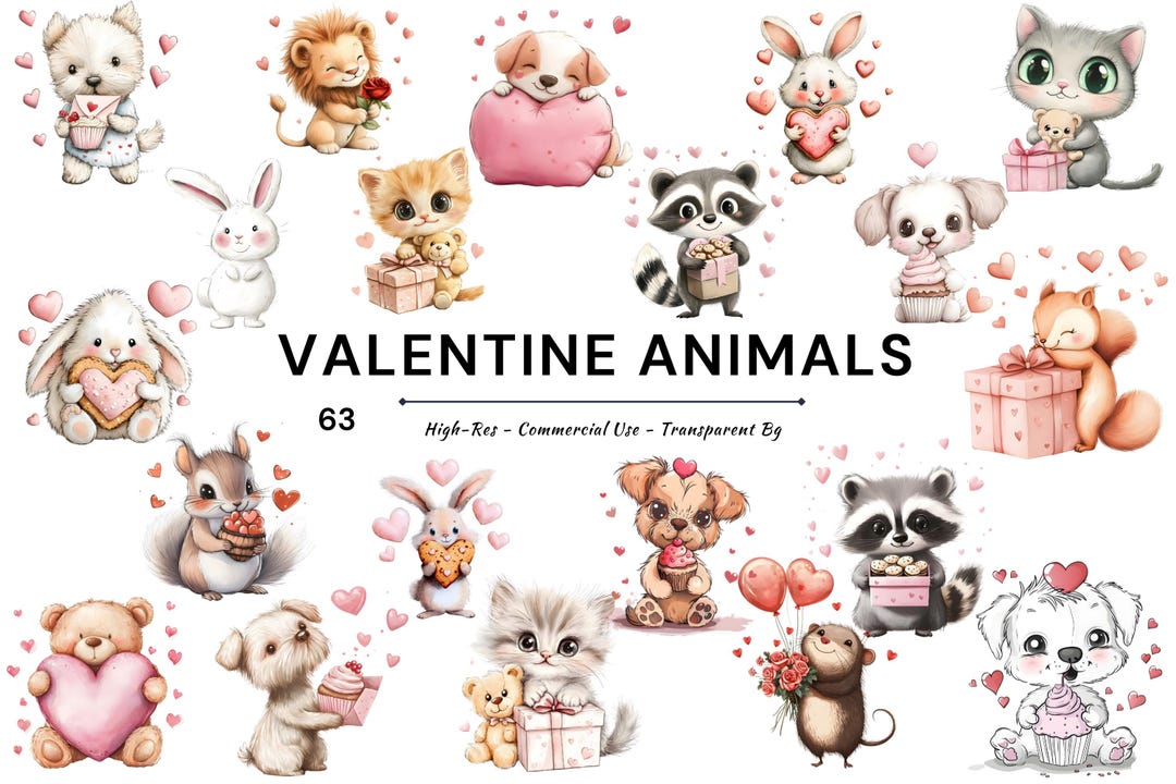 Valentine Animal Clipart Bundle Watercolor Love Heart Png Festive ...