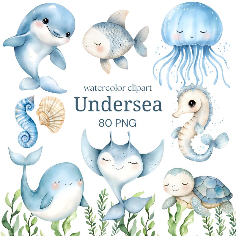Under the Sea Watercolor Clipart Bundle Ocean Animals PNG Blue Pastel ...