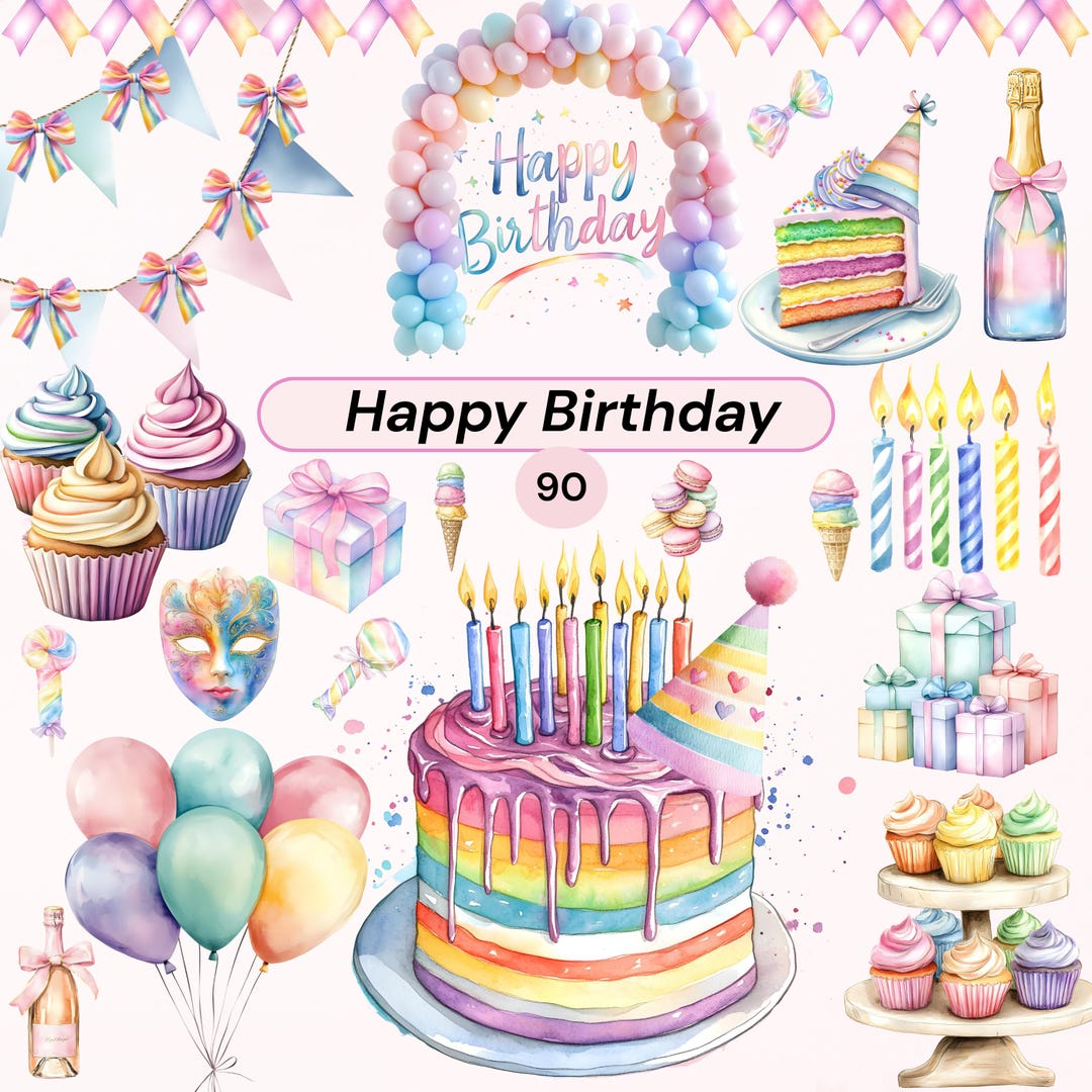 Pastel Watercolor Birthday Clipart Rainbow Cake Balloons Gifts PNG ...
