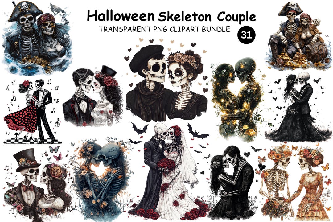 Skeleton Couple Clipart Bundle | 31 PNG Halloween Clipart Images ...