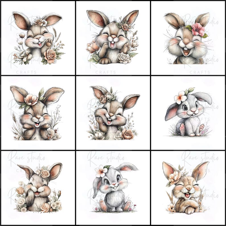 Floral Bunny Clipart Bundle Easter Rabbit PNG Watercolor Spring Flowers ...