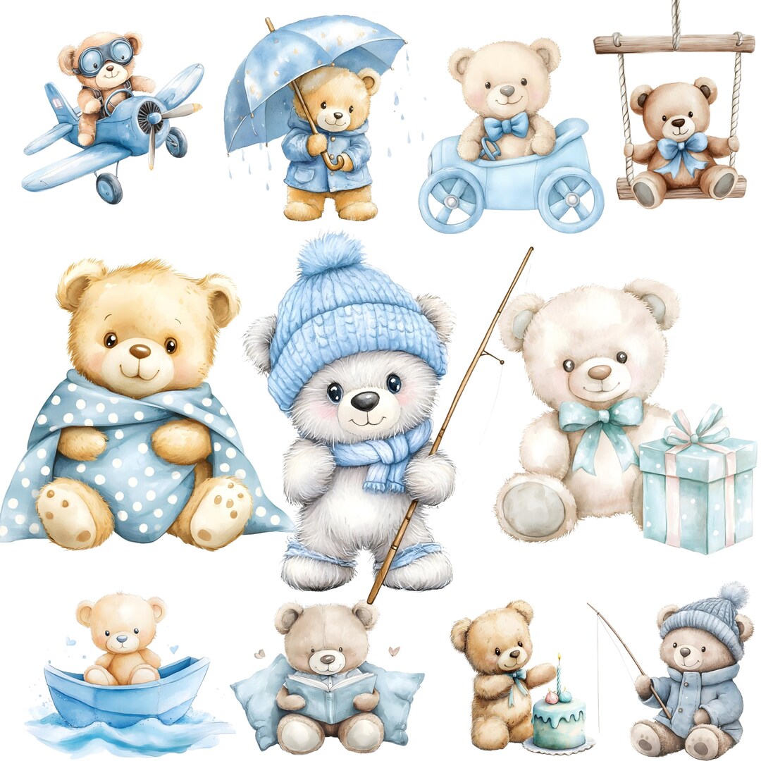 200 Winter Teddy Bear Clipart Blue Baby Bears Nursery Art PNG Digital ...