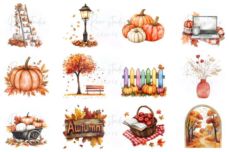 Cozy Fall Clipart Bundle Autumn Elements 112 PNG Watercolor Decor ...