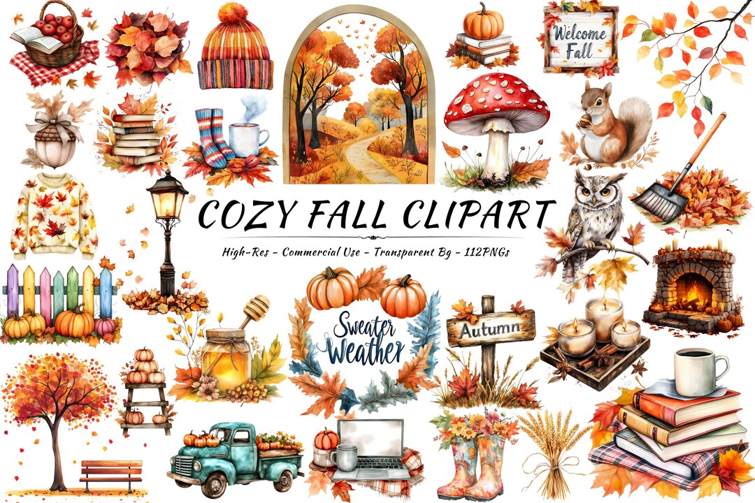 Cozy Fall Clipart Bundle Autumn Elements 112 PNG Watercolor Decor ...