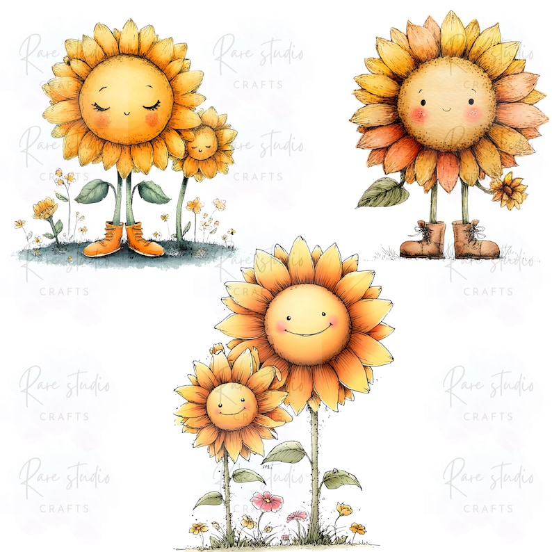Sunflower Clipart Bundle Cartoon Floral PNG Summer Flowers Smiling ...