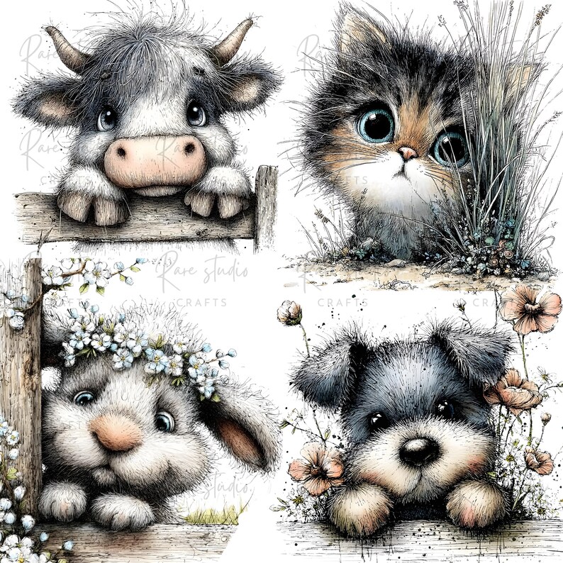 Spring Farm Animals Clipart Bundle Peeking Cow Pig Dog Elephant PNG ...
