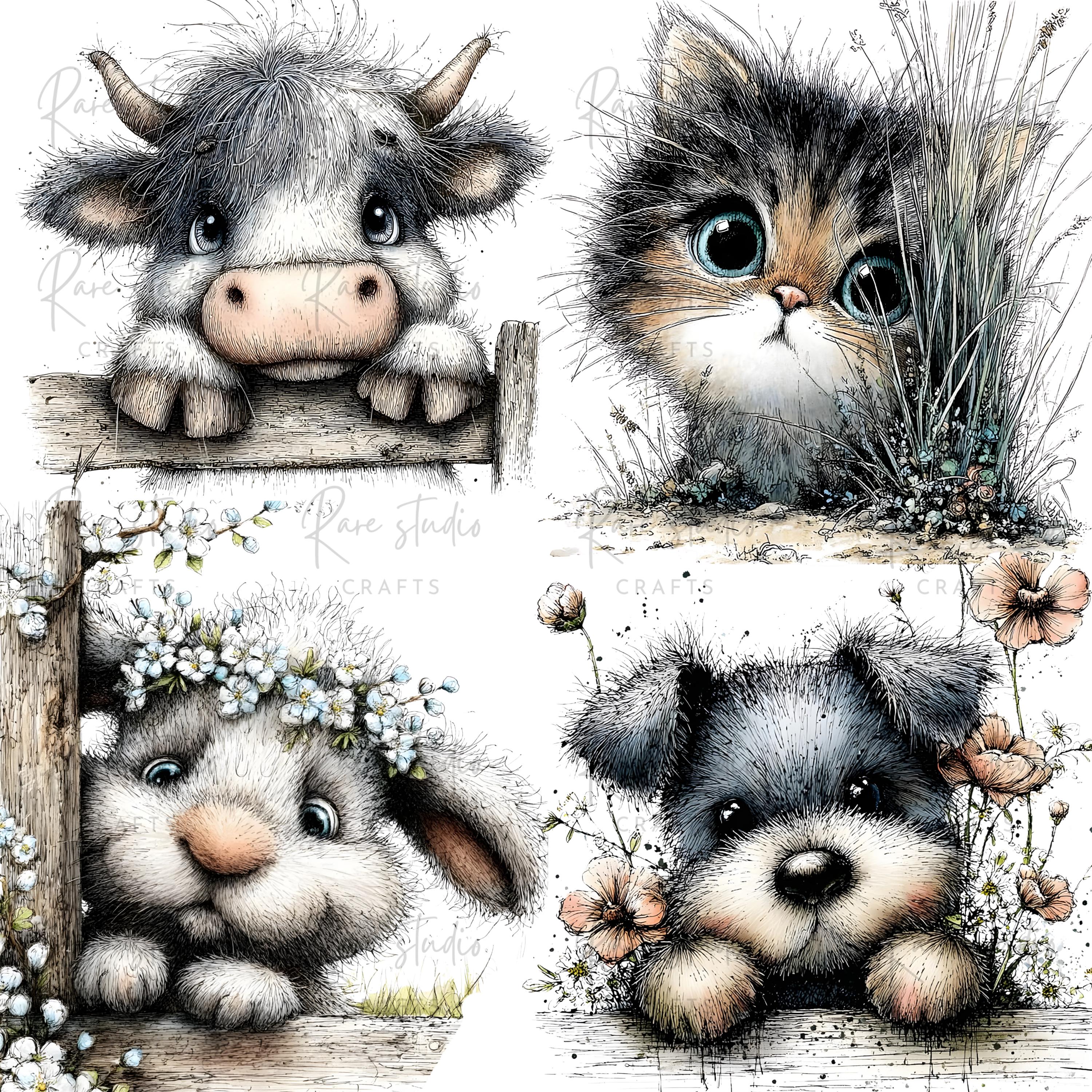 Spring Farm Animals Clipart Bundle Peeking Cow Pig Dog Elephant PNG ...