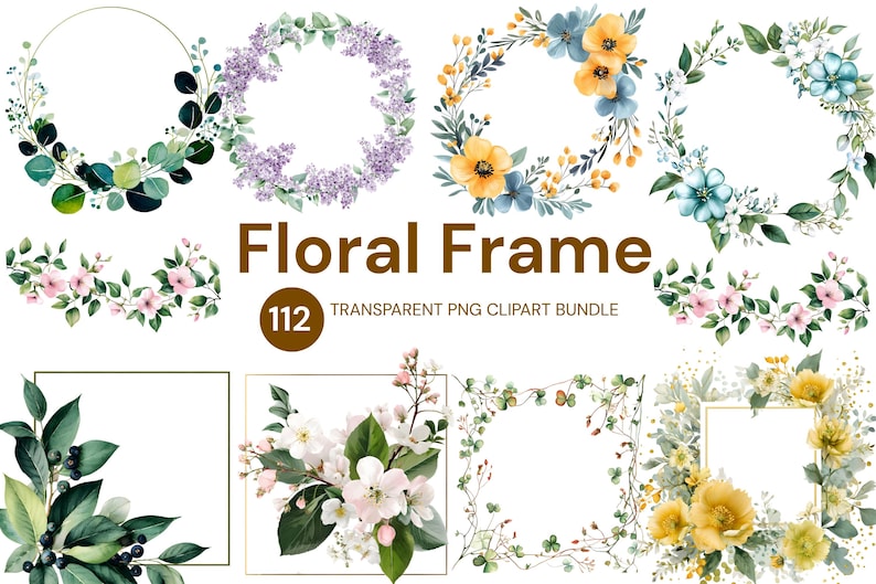 Floral Frame Pngs Bundle Botanical Clipart Watercolor Wreath Borders ...
