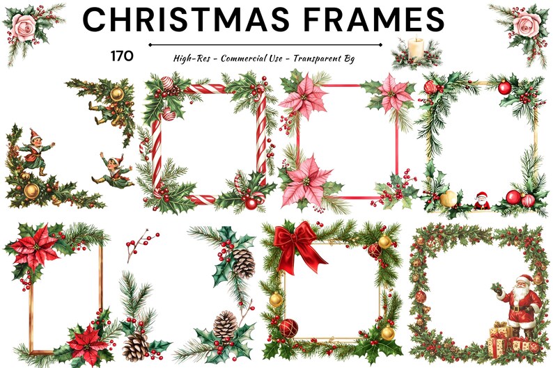 Christmas Frames Clipart Bundle Watercolor Holiday Borders Festive ...