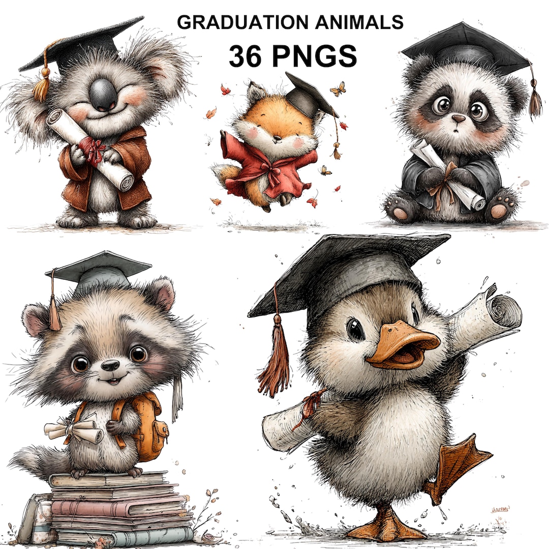 Graduation Animals Clipart PNG Bundle, Animal Graduates Diploma Cap ...
