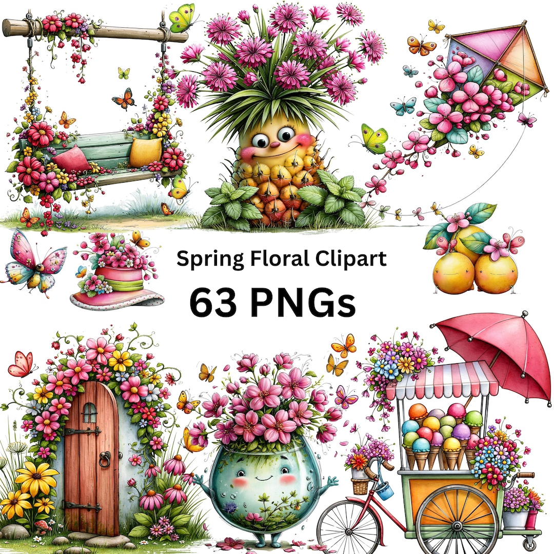 Spring Floral Clipart PNG Bundle, Flores de Jardín, Gráficos Botánicos ...