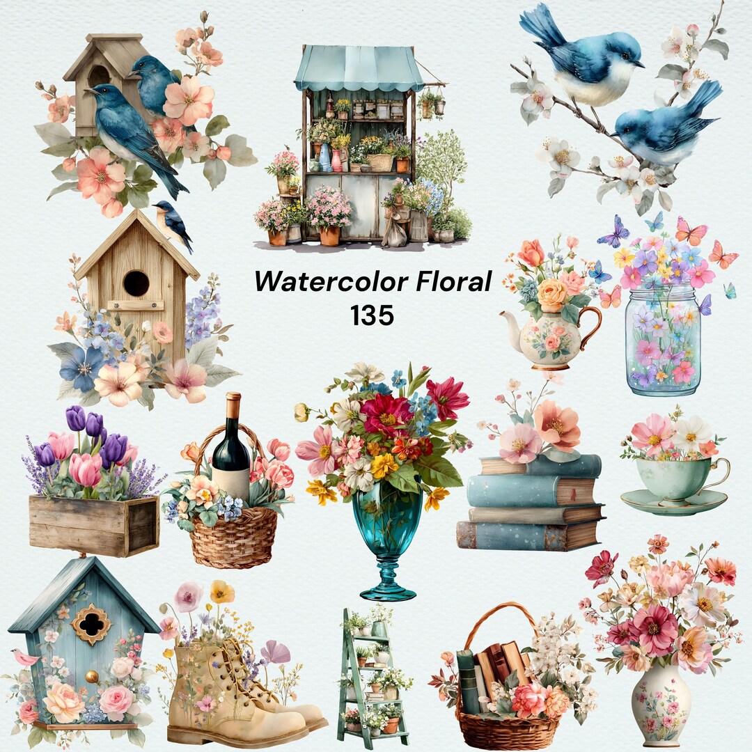 Watercolor Floral Garden Clipart Bundle PNG Vintage Flowers Birds ...