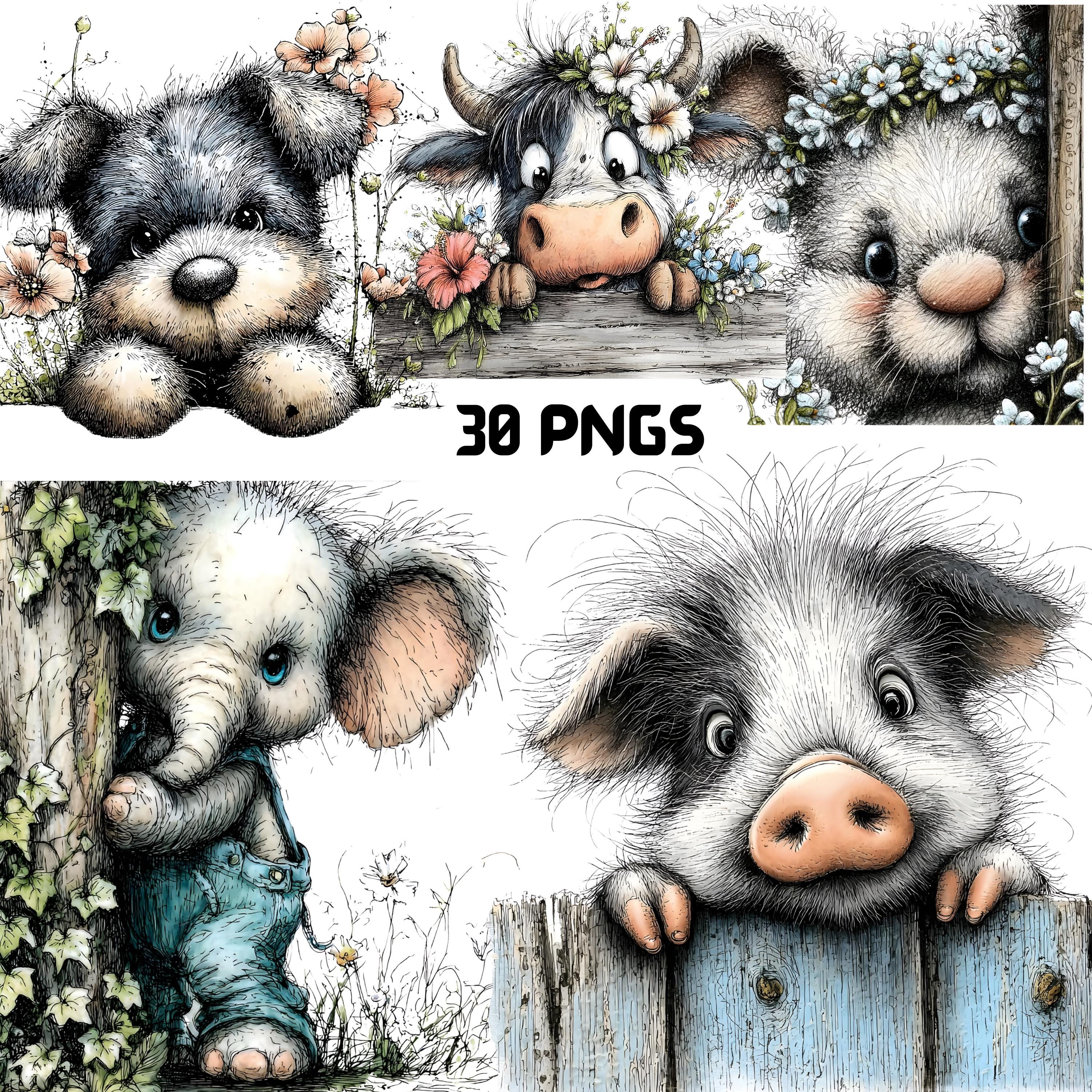 Spring Farm Animals Clipart Bundle Peeking Cow Pig Dog Elephant PNG ...