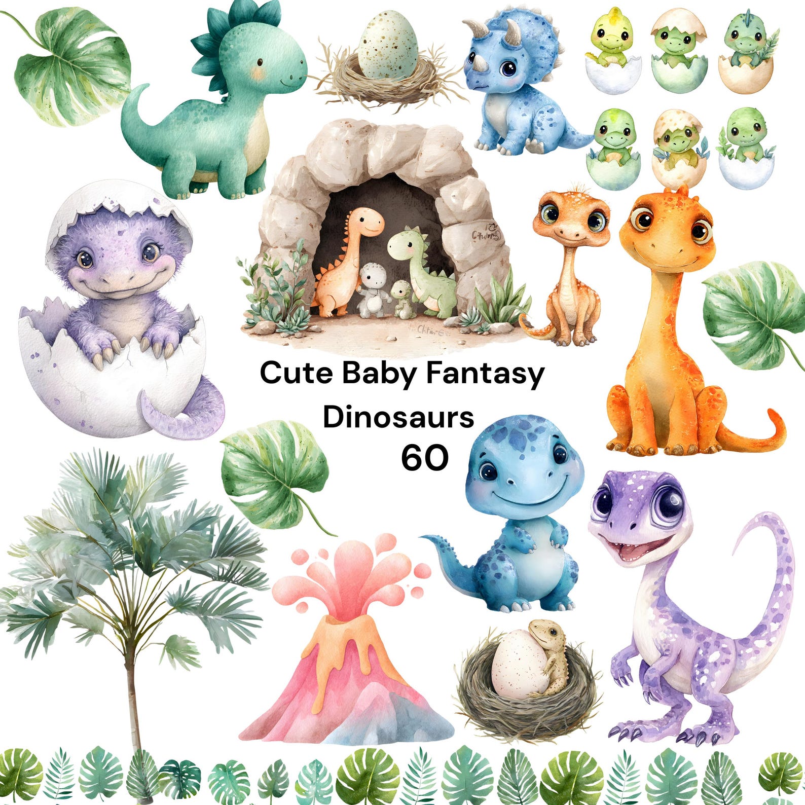 Baby Dinosaur PNG Bundle, Watercolor Dino Clipart, Kids Nursery ...