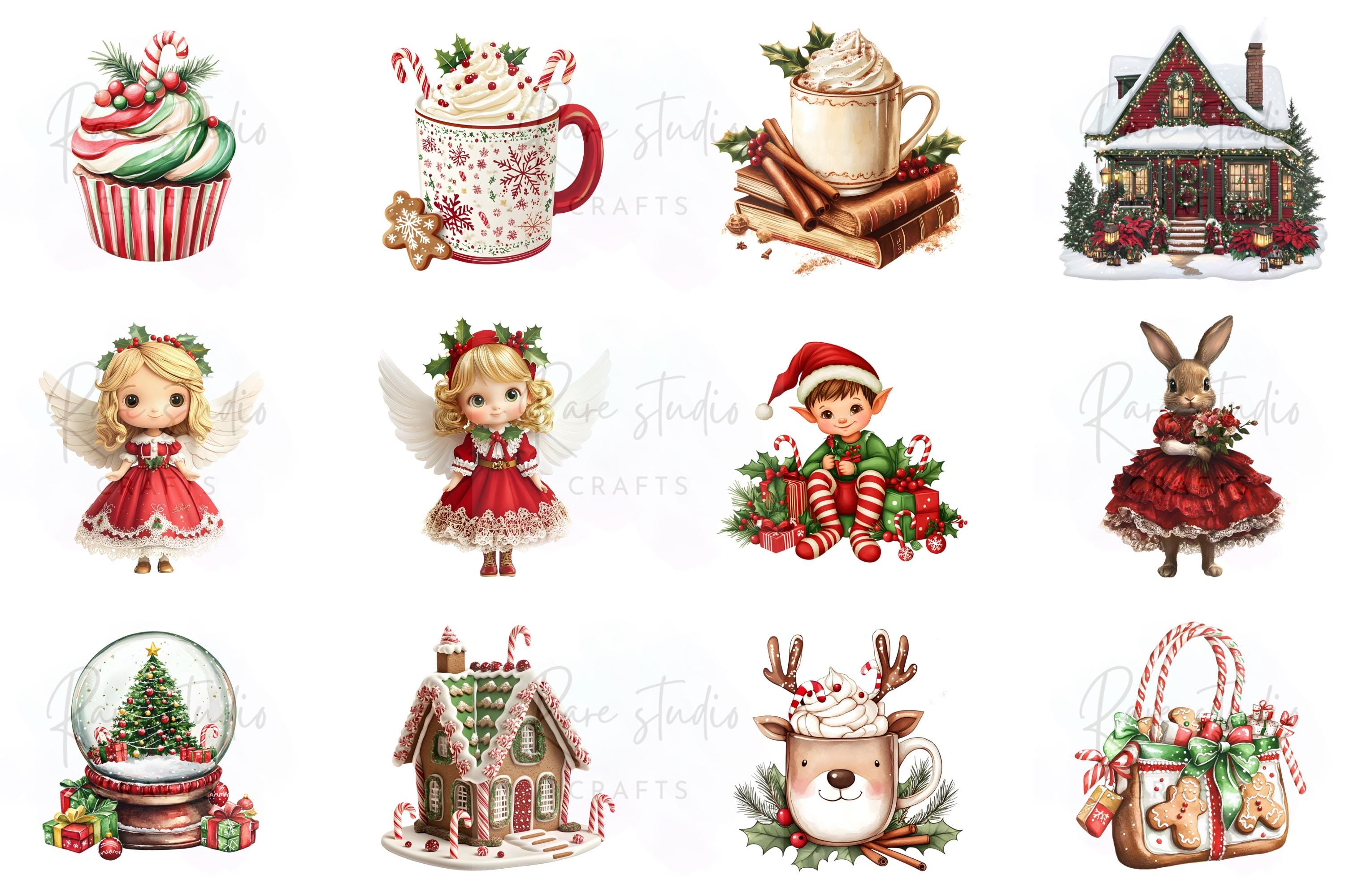 Vintage Christmas Clipart Bundle, Retro Holiday PNG Set (digital ...