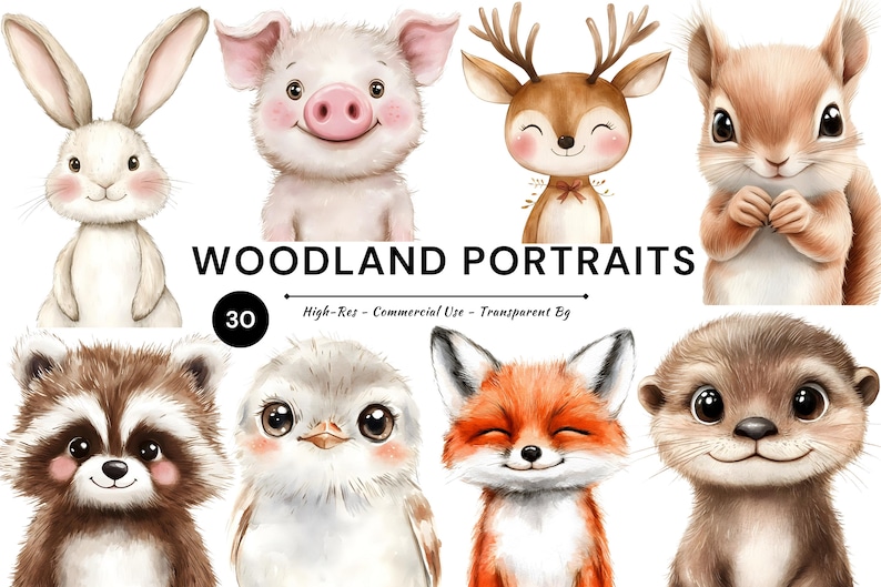 Woodland Animal Portraits Clipart Bundle Forest Creatures 30 Pngs Set ...