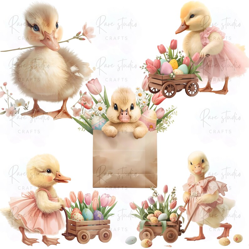 Watercolor Easter Duck Clipart Bundle, Spring Ducklings PNG, Floral ...