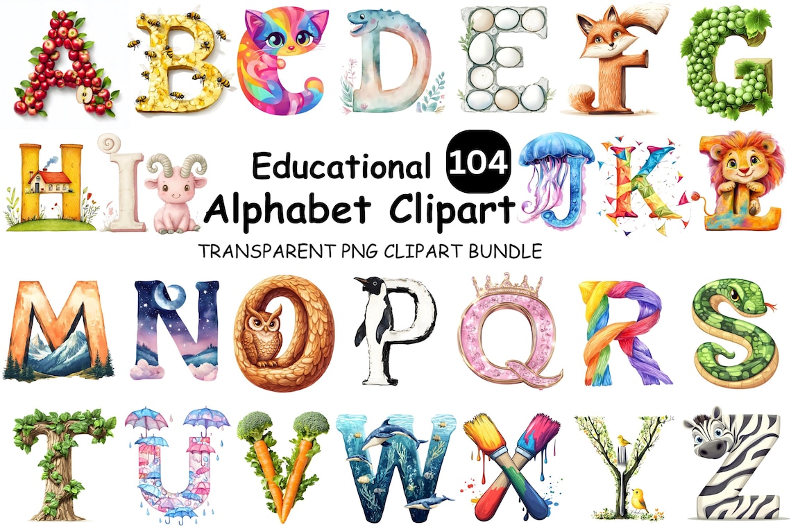 Watercolor Animal Alphabet Clipart: Educational Nursery Decor (PNG ...