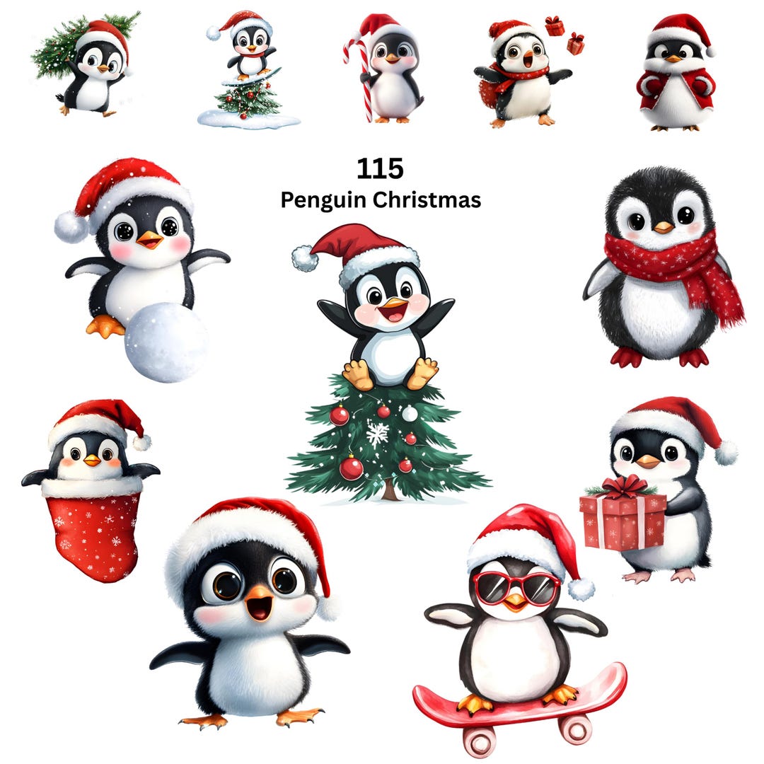 Christmas Penguin Clipart Set, Holiday Digital Pngs, Winter Cartoon ...