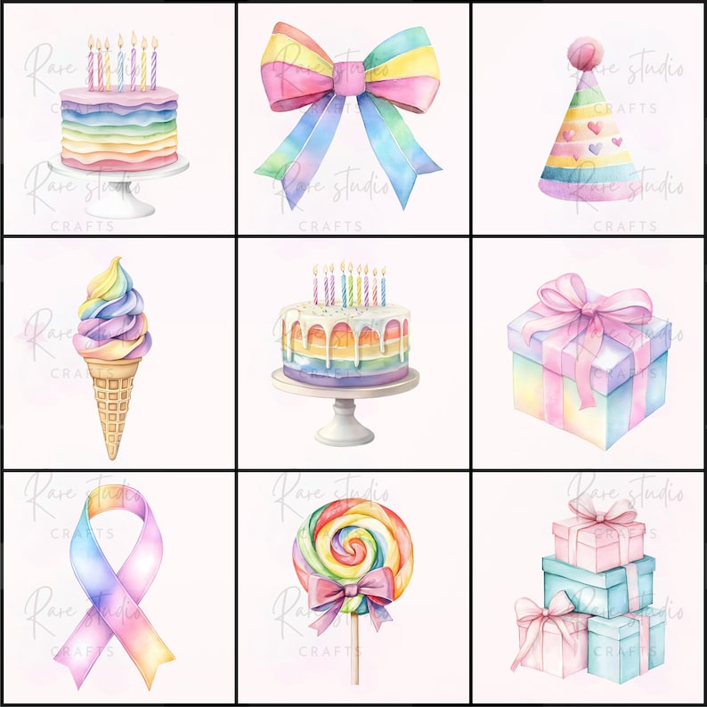 Pastel Watercolor Birthday Clipart Rainbow Cake Balloons Gifts PNG ...