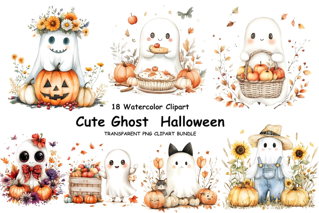 Cute Ghost Halloween Clipart | 18 Watercolor PNG Bundle | Transparent ...