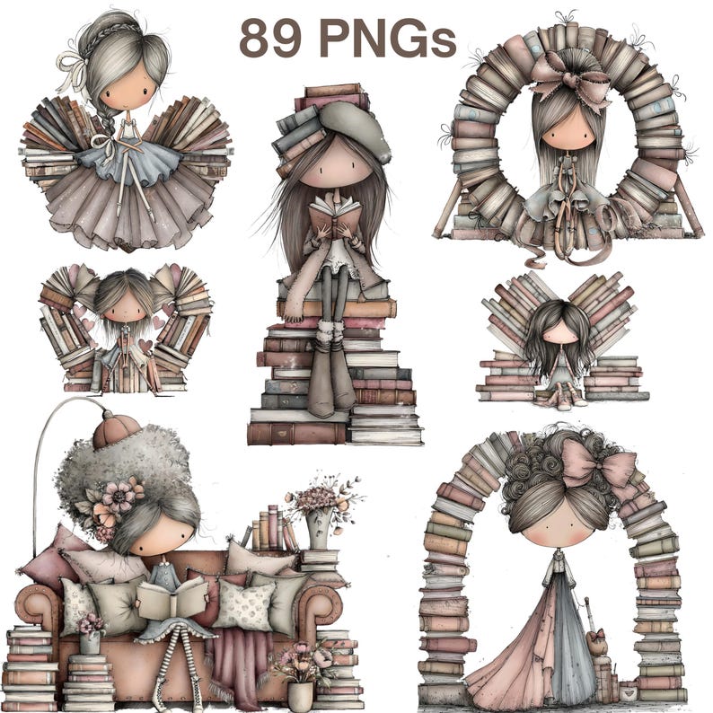 Watercolor Reading Girls PNG Bundle Book Lover Clipart Library Art ...