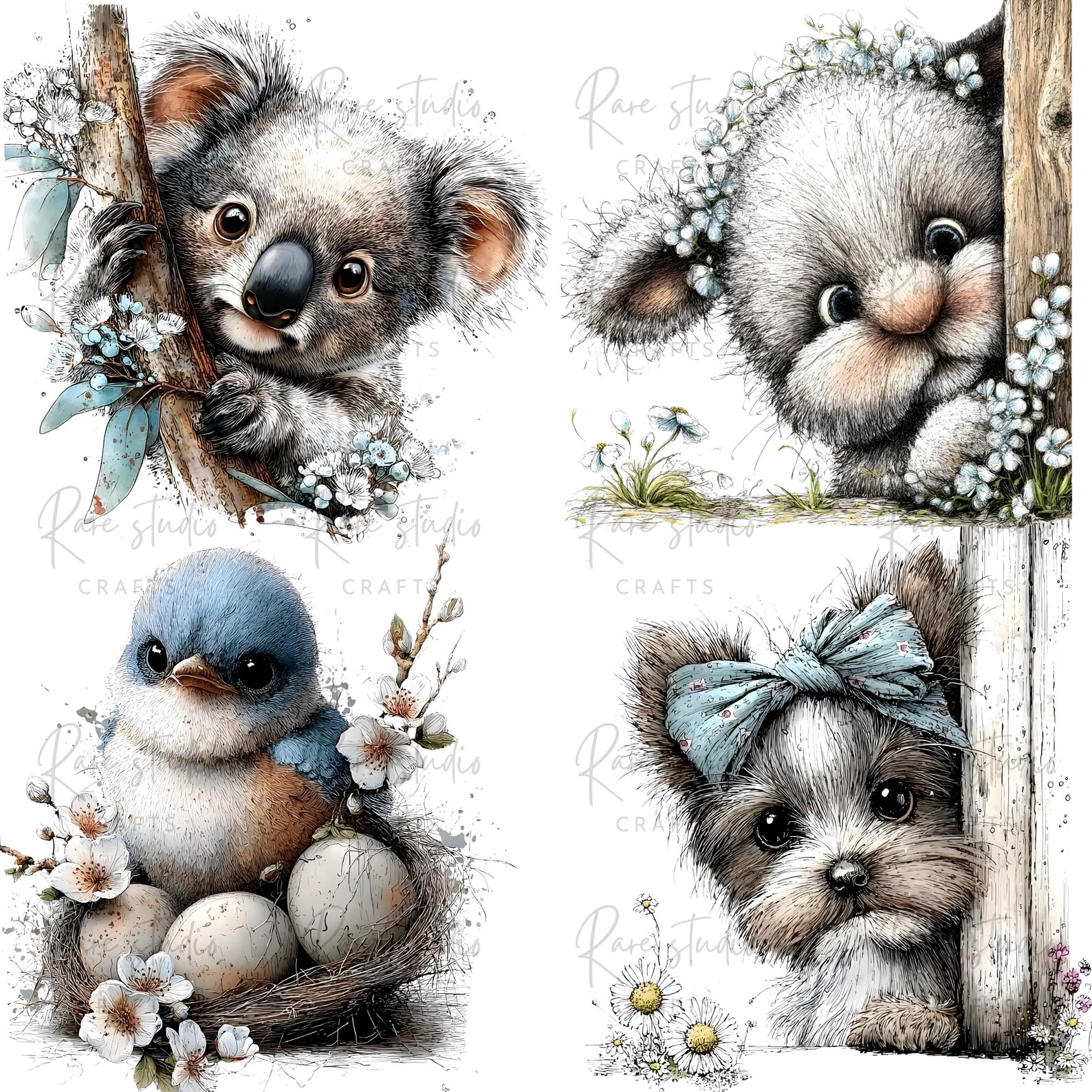 Spring Farm Animals Clipart Bundle Peeking Cow Pig Dog Elephant PNG ...