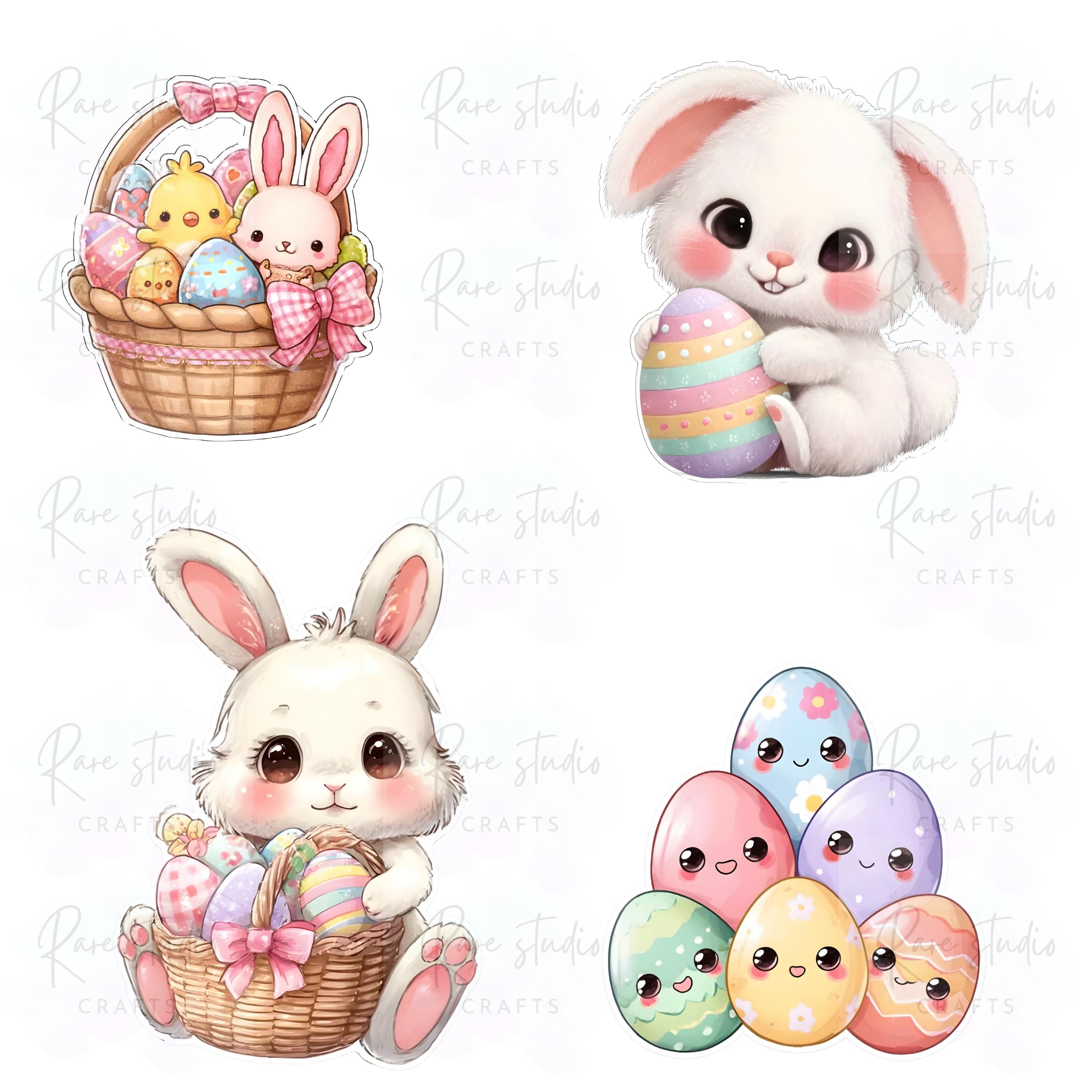 Kawaii Easter Bunny Clipart Bundle PNG, Spring Rabbits, Chicks, Eggs ...