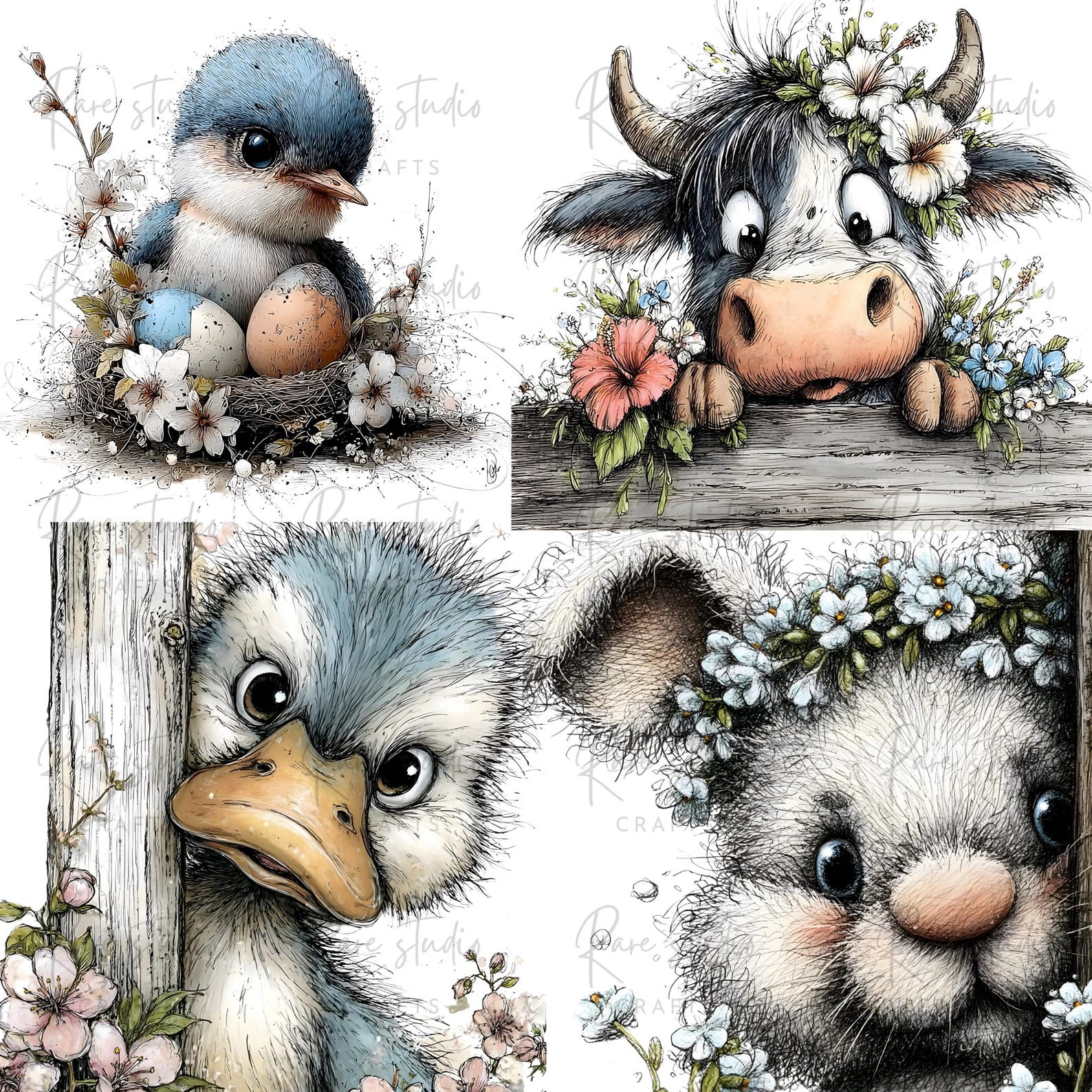 Spring Farm Animals Clipart Bundle Peeking Cow Pig Dog Elephant PNG ...
