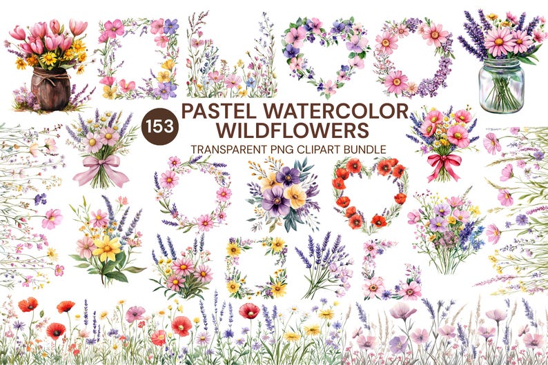 Pastel Watercolor Wildflower Clipart Bundle: Bouquets, Wreaths, Frames ...