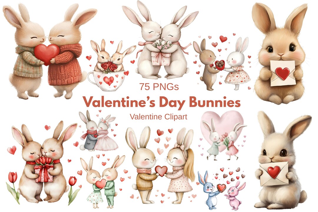 Valentine Bunny Clipart Set Romantic Bunnies PNG Love Illustrations ...