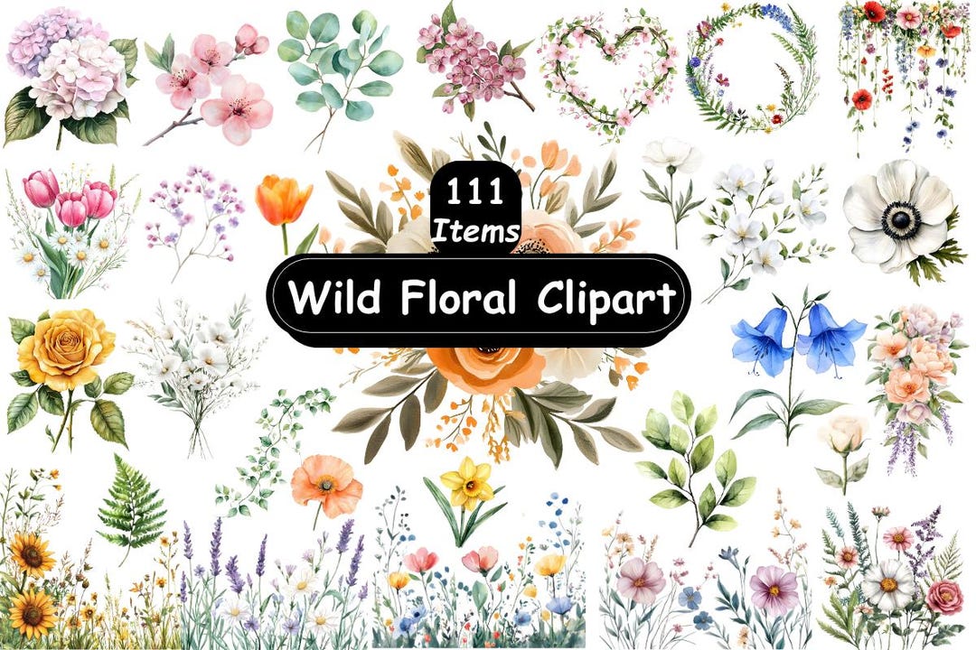 Watercolor Floral Clipart Bundle: Wildflower Bouquets, Wreaths (111 ...