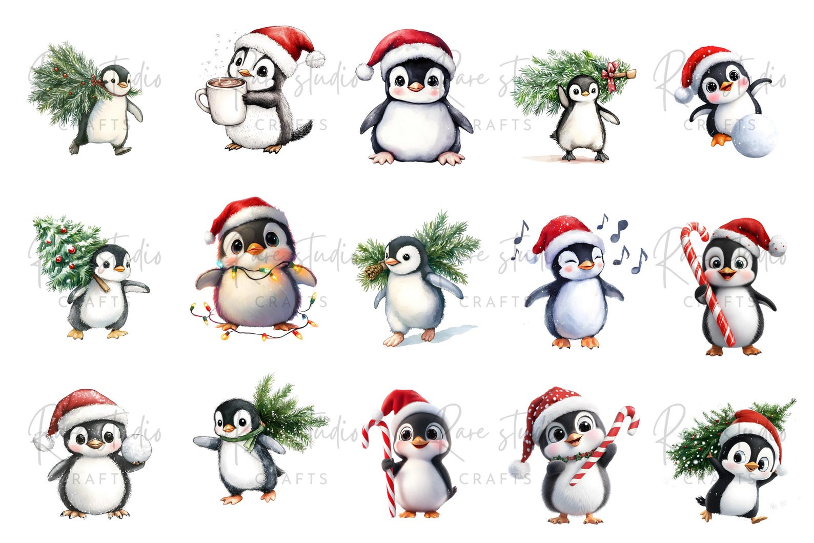 Christmas Penguin Clipart Set, Holiday Digital Pngs, Winter Cartoon ...