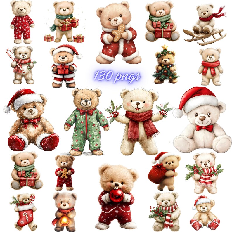 Christmas Teddy Bear Clipart Bundle Watercolor Holiday Bears Winter PNG ...