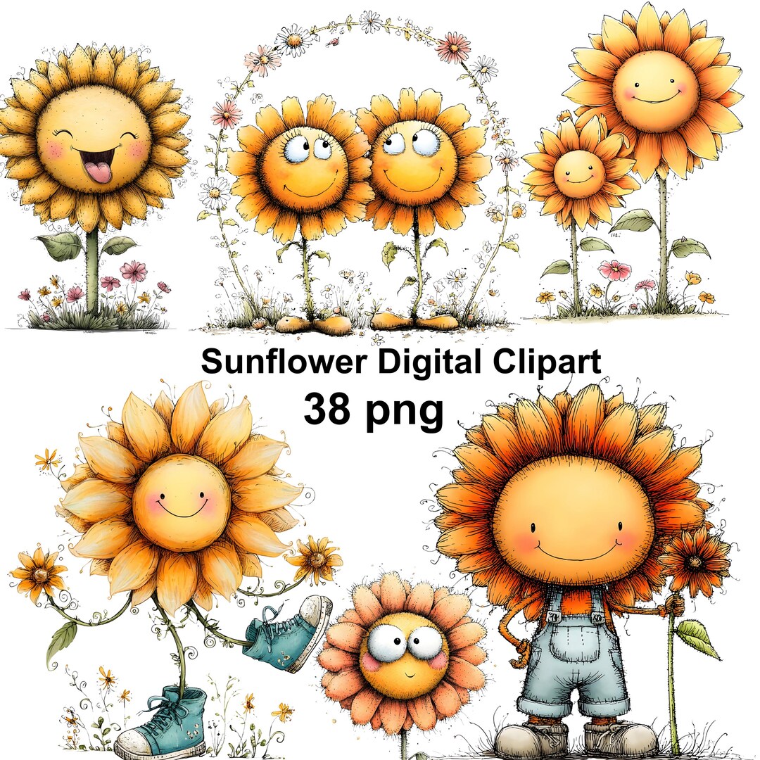 Sunflower Clipart Bundle Cartoon Floral PNG Summer Flowers Smiling ...