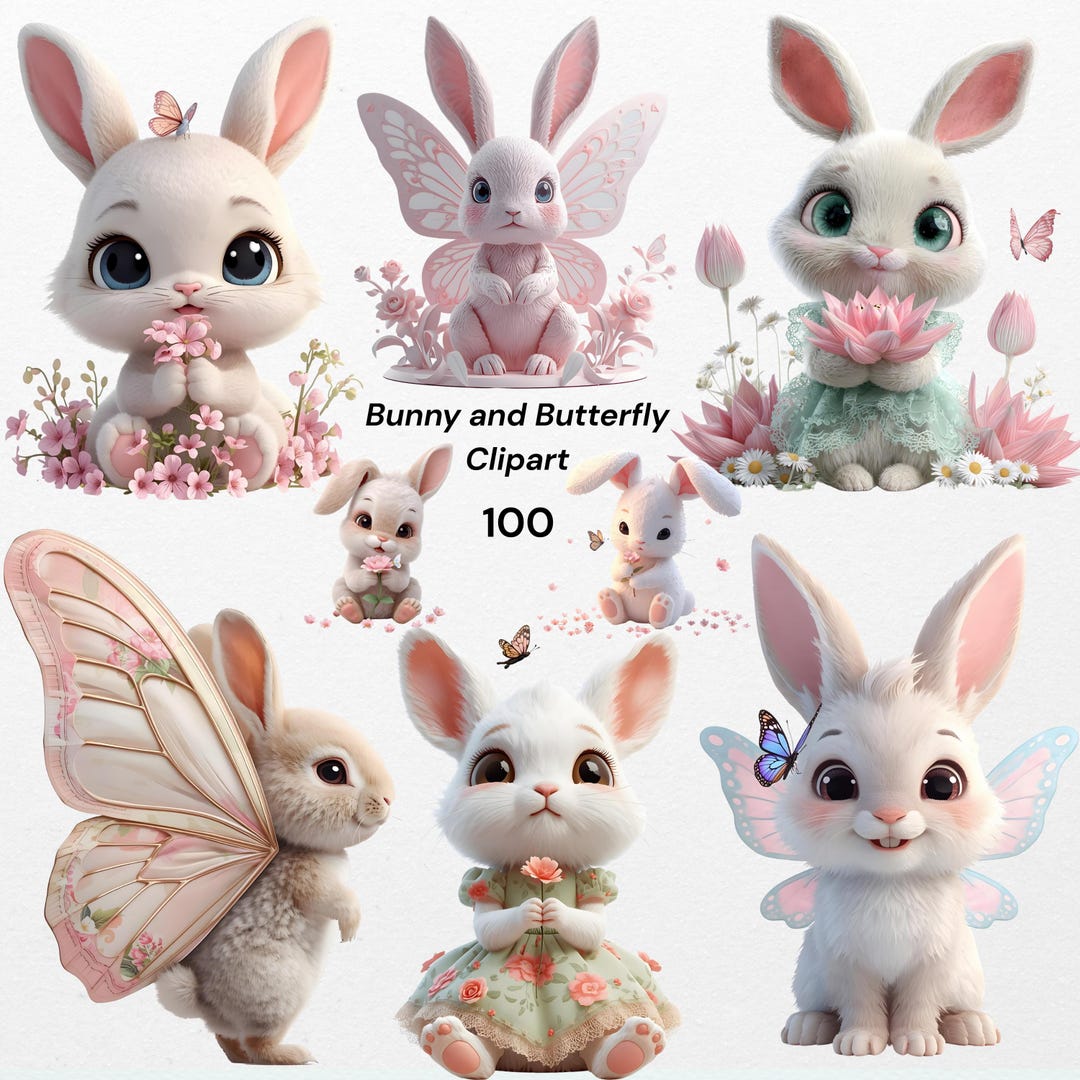Bunny and Butterfly Clipart Bundle, Spring Watercolor Rabbits PNG, Baby ...