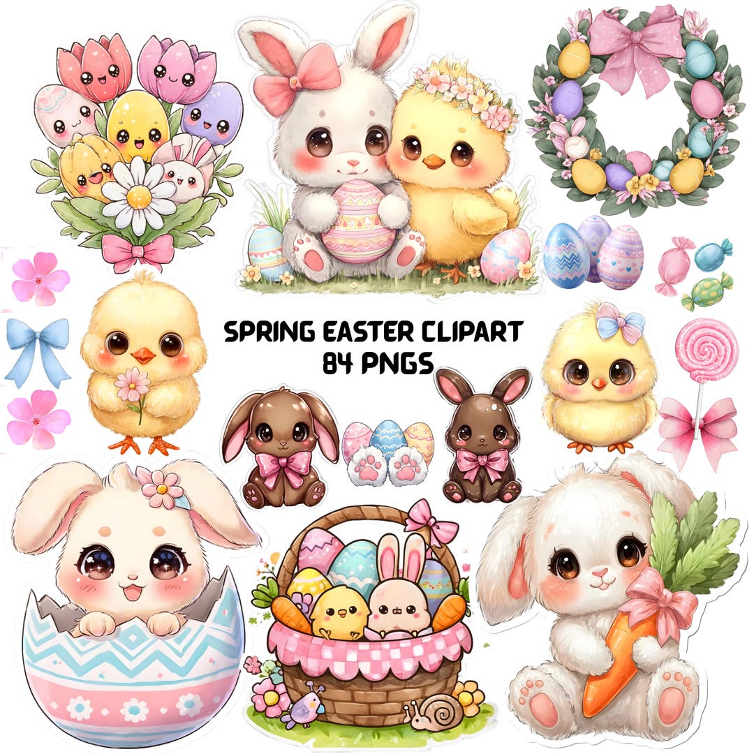 Kawaii Easter Bunny Clipart Bundle PNG, Spring Rabbits, Chicks, Eggs ...