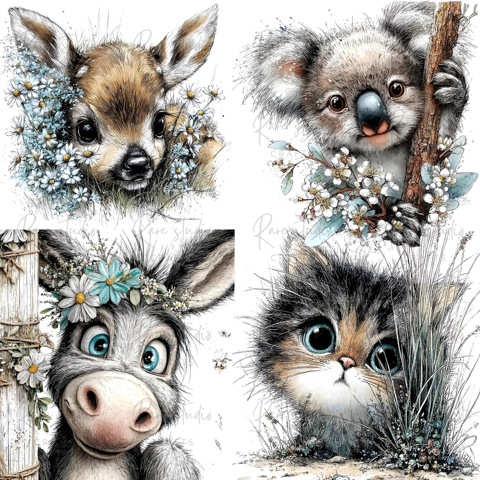 Spring Farm Animals Clipart Bundle Peeking Cow Pig Dog Elephant PNG ...