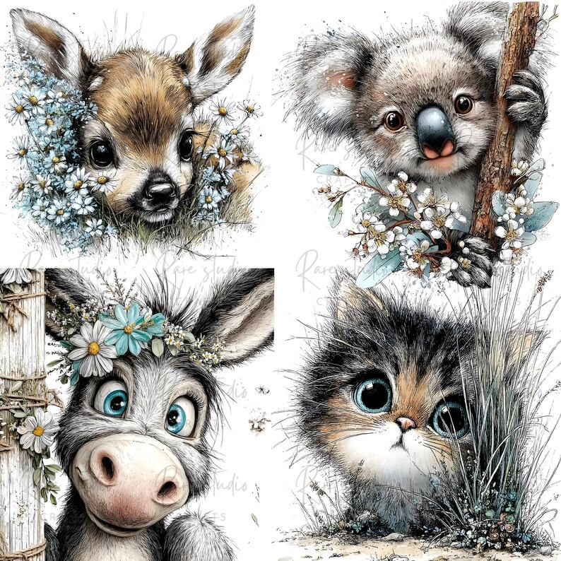 Spring Farm Animals Clipart Bundle Peeking Cow Pig Dog Elephant PNG ...