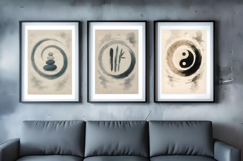 Zen Wall Art Set Printable, Japandi Ink Posters, Zen Bamboo, Yin Yang ...