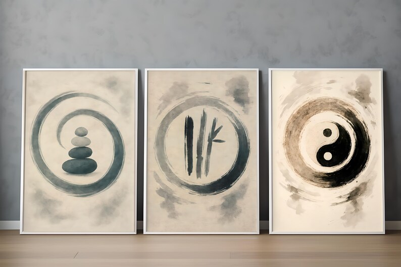 Zen Wall Art Set Printable, Japandi Ink Posters, Zen Bamboo, Yin Yang ...