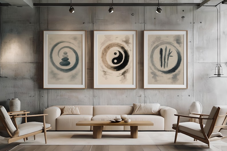 Zen Wall Art Set Printable, Japandi Ink Posters, Zen Bamboo, Yin Yang ...