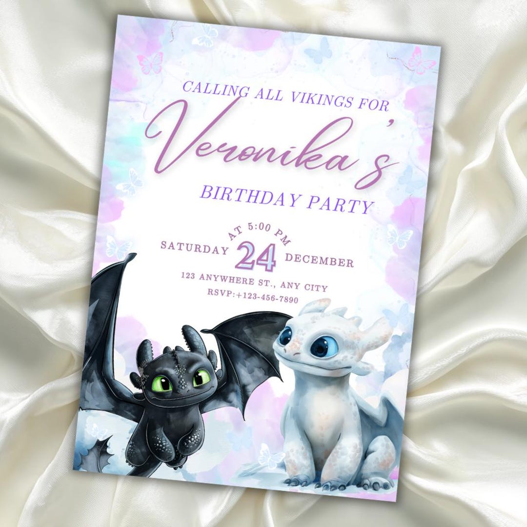 Toothless Dragon Birthday Invitation With Pink Elements, Watercolor ...