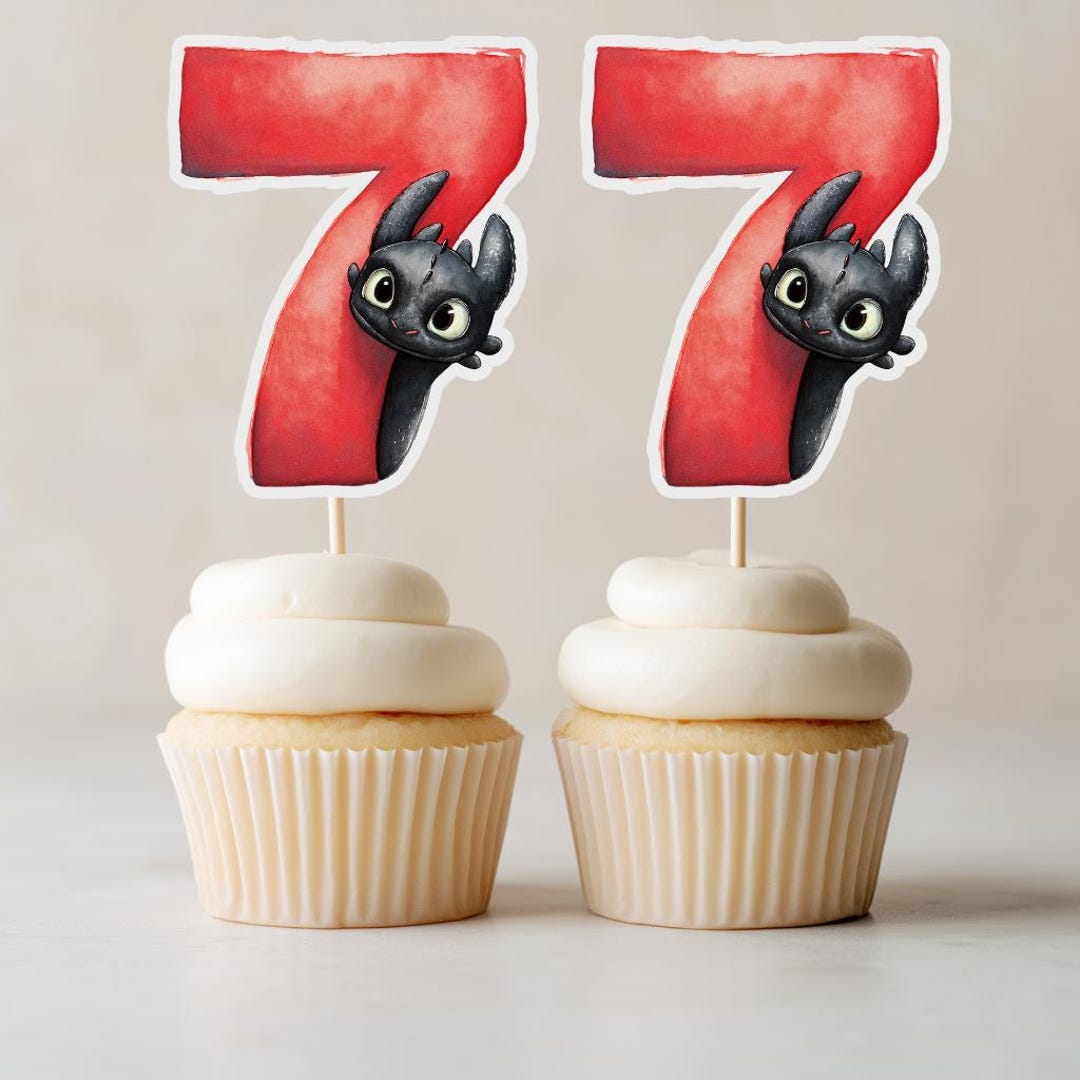 Toothless Dragon Cupcake Toppers With Number 7, Watercolor Theme ...