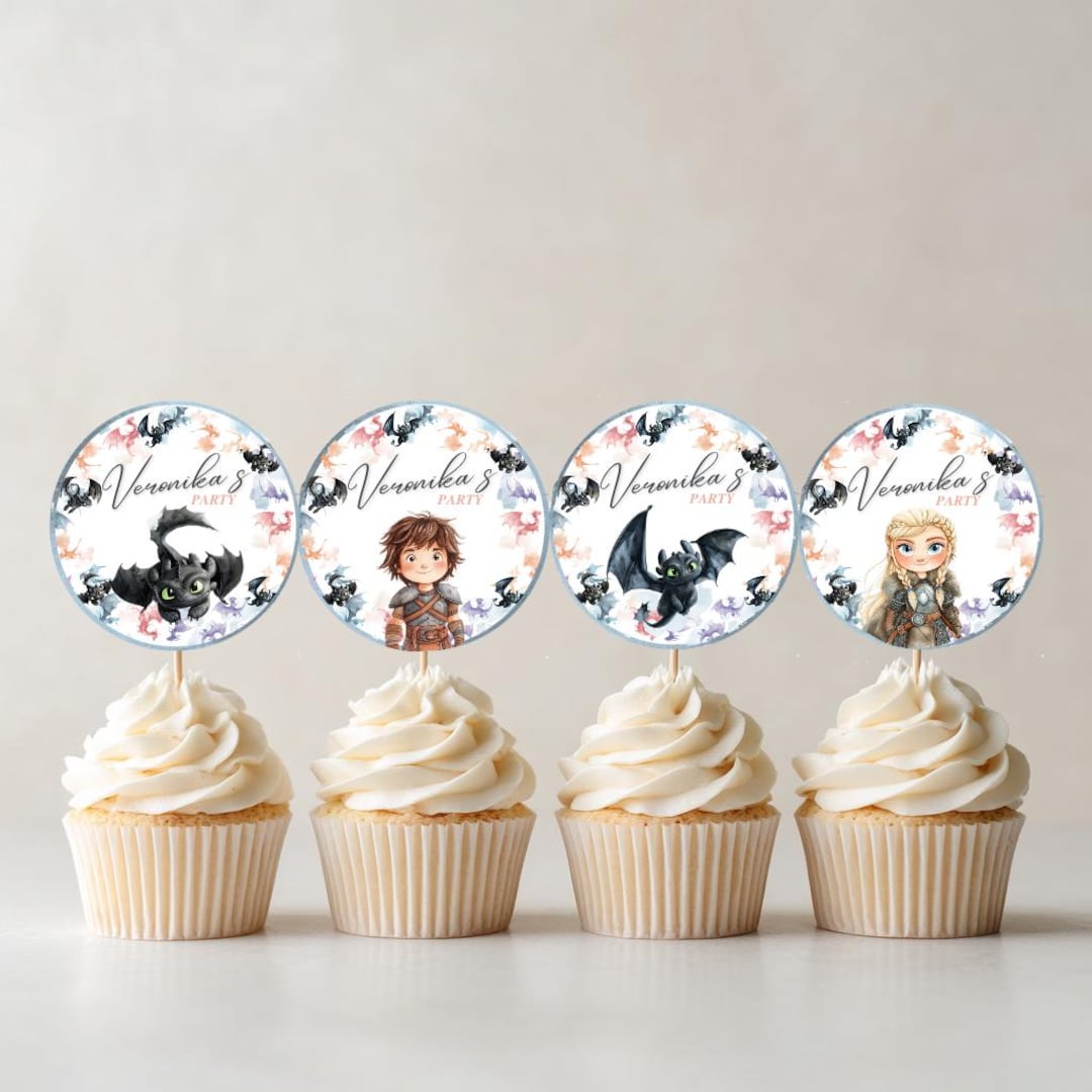 Toothless and Light Fury Dragon Cupcake Toppers, Watercolor Theme ...