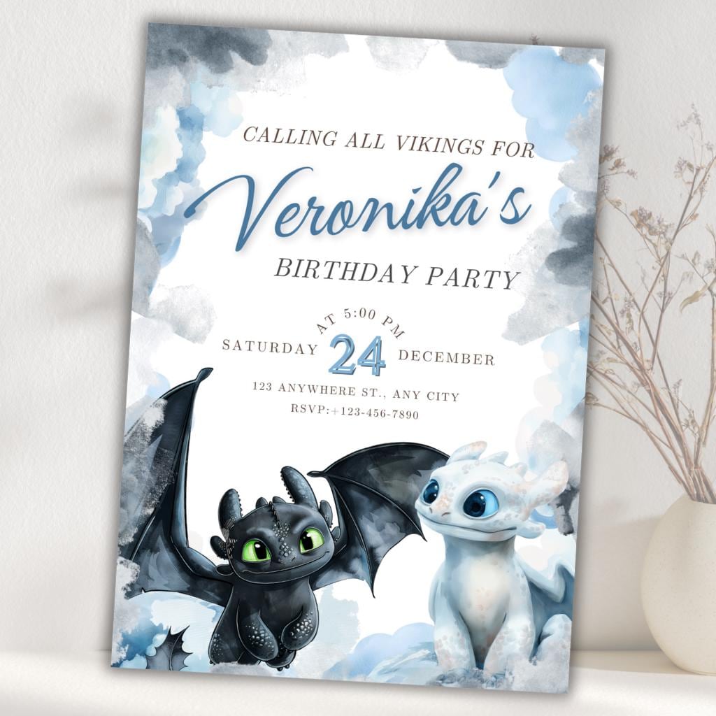 Toothless Dragon Birthday Invitation, Watercolor Theme (digital ...