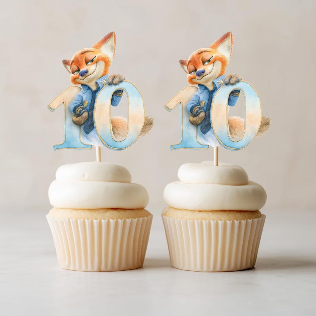 Zootopia Cupcake Toppers, Nick Wilde Number 10, Watercolor Birthday ...